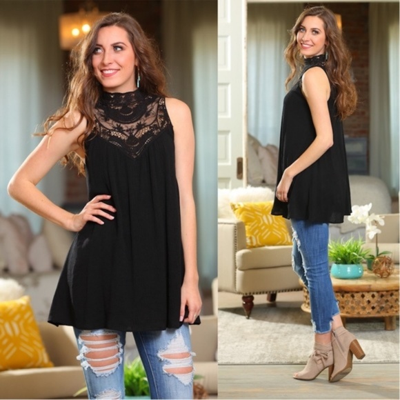 Infinity Raine | Tops | Black Sleeveless Lace Tunic | Poshmark